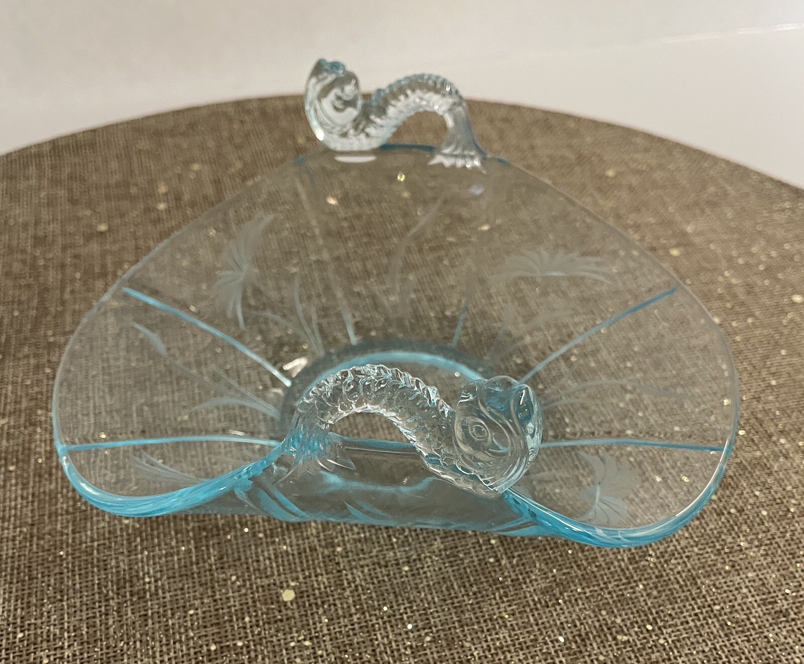 Koi Fish handled Teal Blue Glass Candy Dish, Etched, Vintage