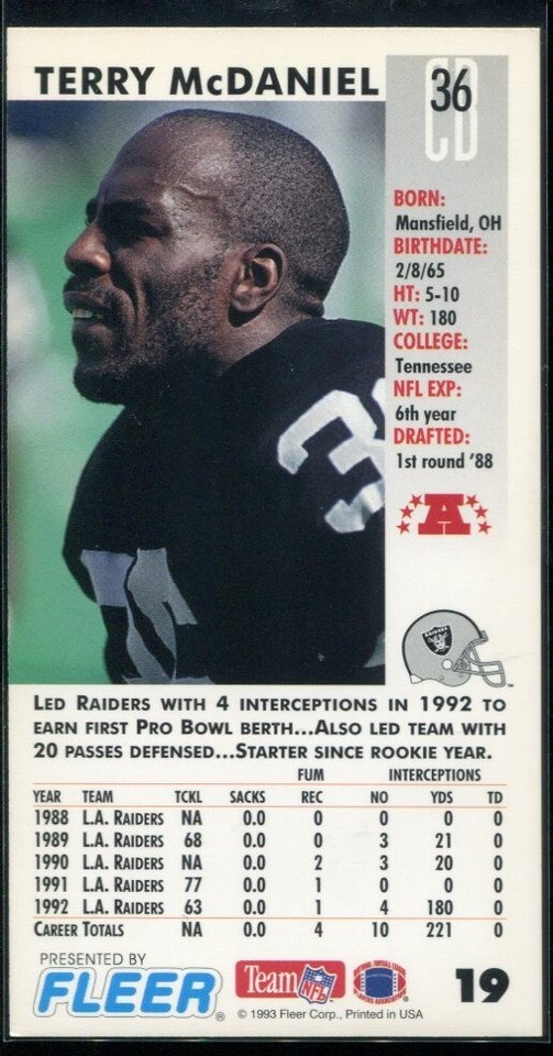 1993 Fleer GameDay Tall Boy Terry McDaniel #19 Los Angeles Raiders | eBay