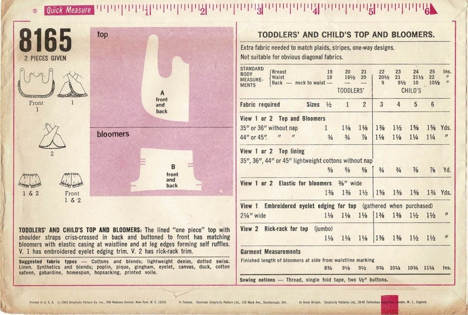 Girls Sleeveless TOP and BLOOMERS Child Simplicity 8165 Vtg 1969 Sewing ...