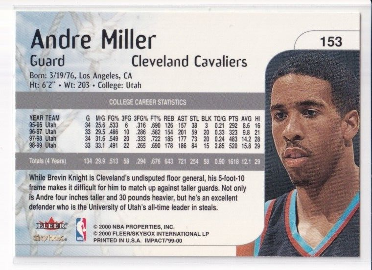 1999-00 SkyBox Impact #153 Andre Miller Cavs Rookie | eBay