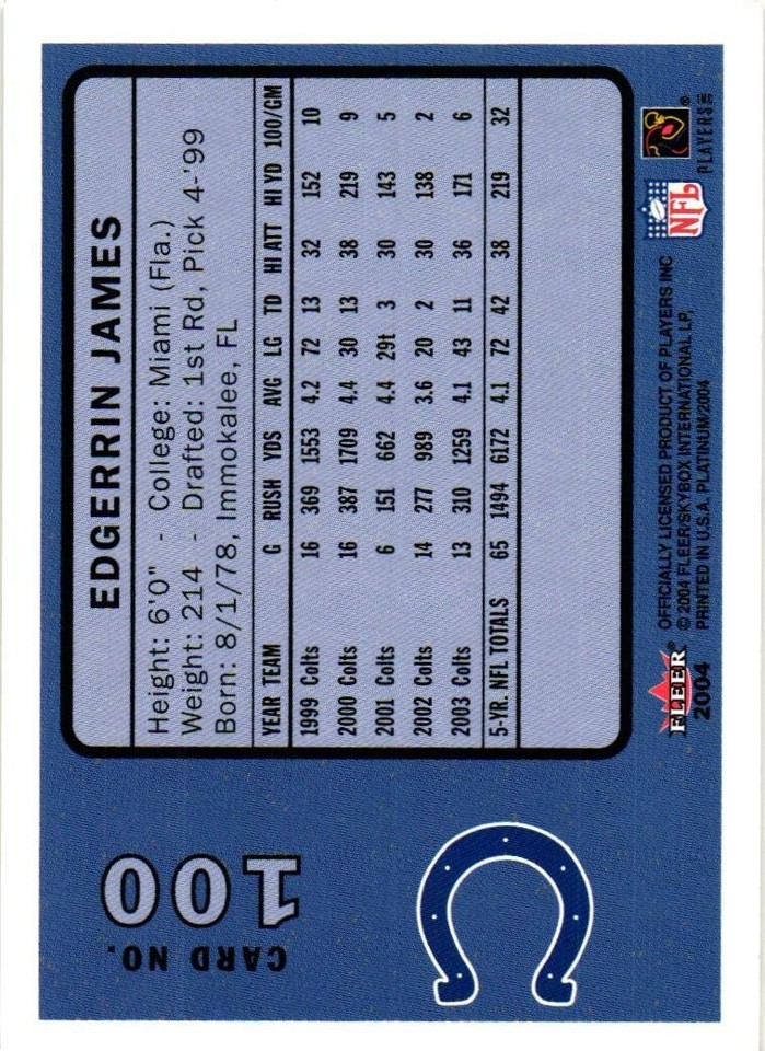 2004 FLEER PLATINUM EDGERRIN JAMES FOOTBALL CARD #100 $0.99 VALUE BOX ...