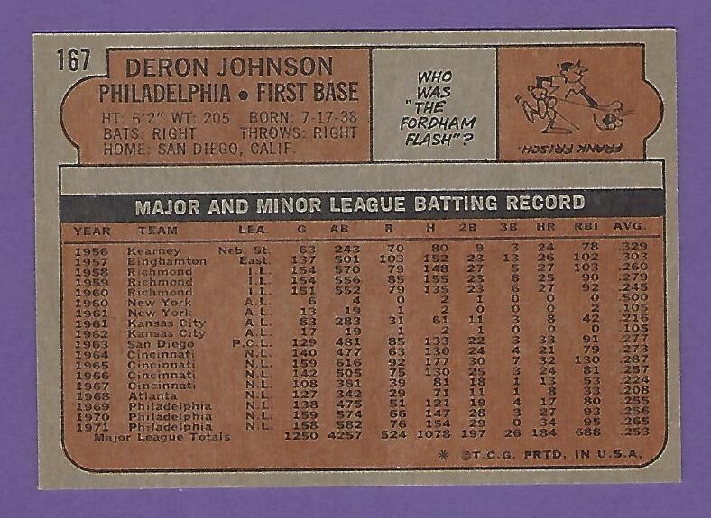 1972 Topps - #167 Deron Johnson - Philadelphia Phillies - ExMt+ | eBay