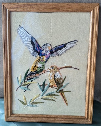 Handcrafted Parakeet Budgie Embroidered Picture, Wood Frame, 13.75" x ...