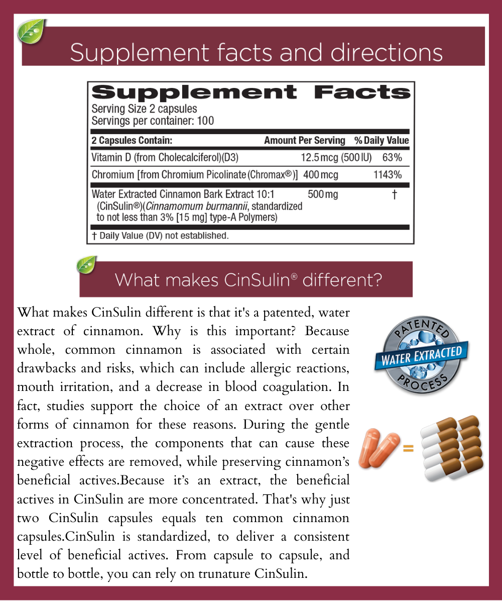 trunature Cinnamon Concentrate Cinsulin 500mg,200 Vegetarian Capsule ...