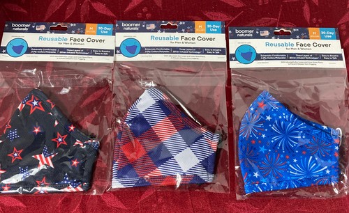 Boomer Naturals (3) Red, White & Blue/Patriotic Reusable Face Mask ...