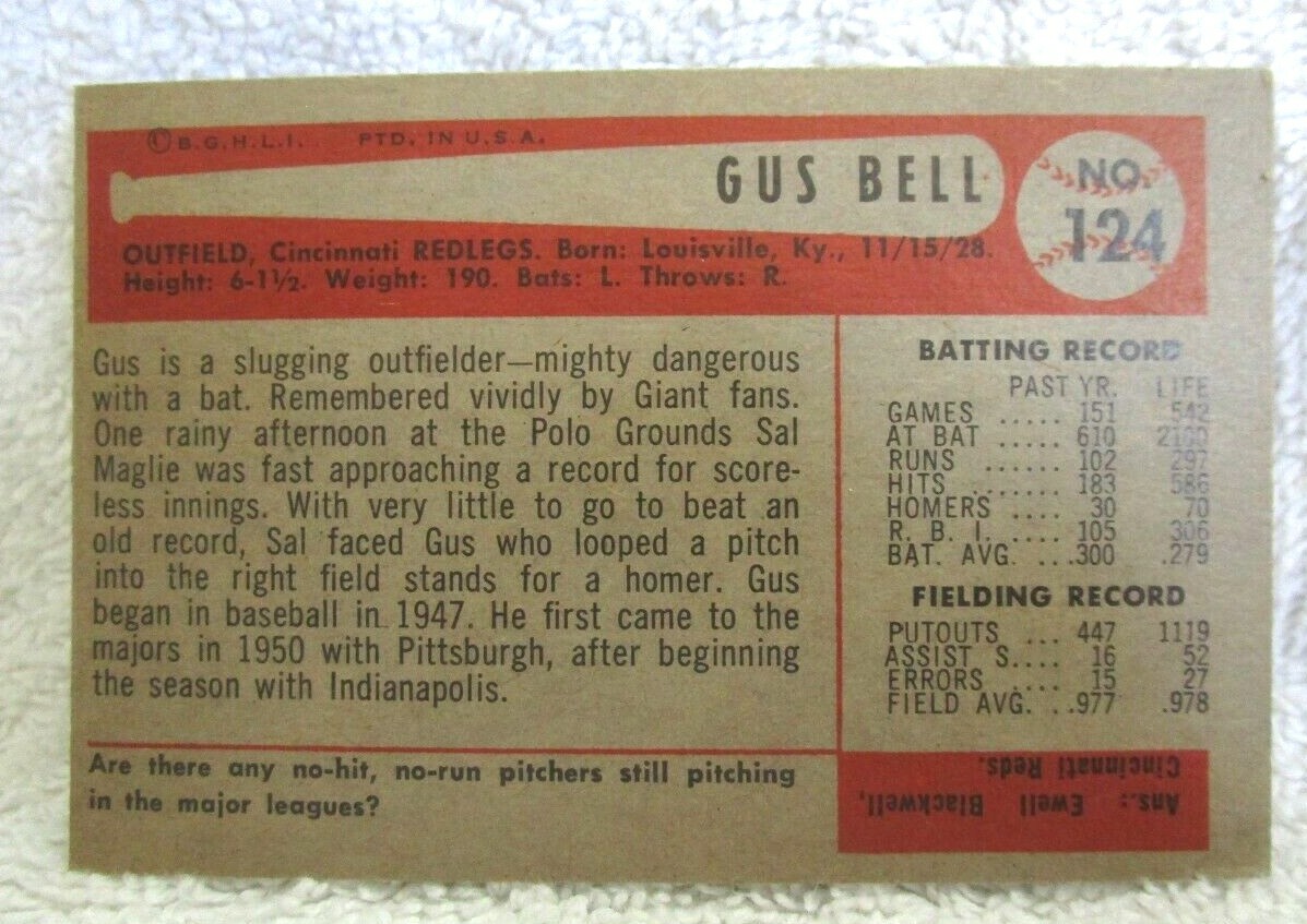 Gus Bell 1954 Bowman Standing Pose Card#124 VG Condition-Cincinnati ...