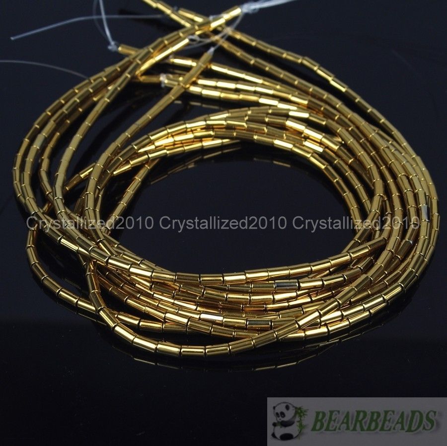 3 Strands Hematite Gemstones Tube Beads Metallic Silver Gold Purple 2mm ...