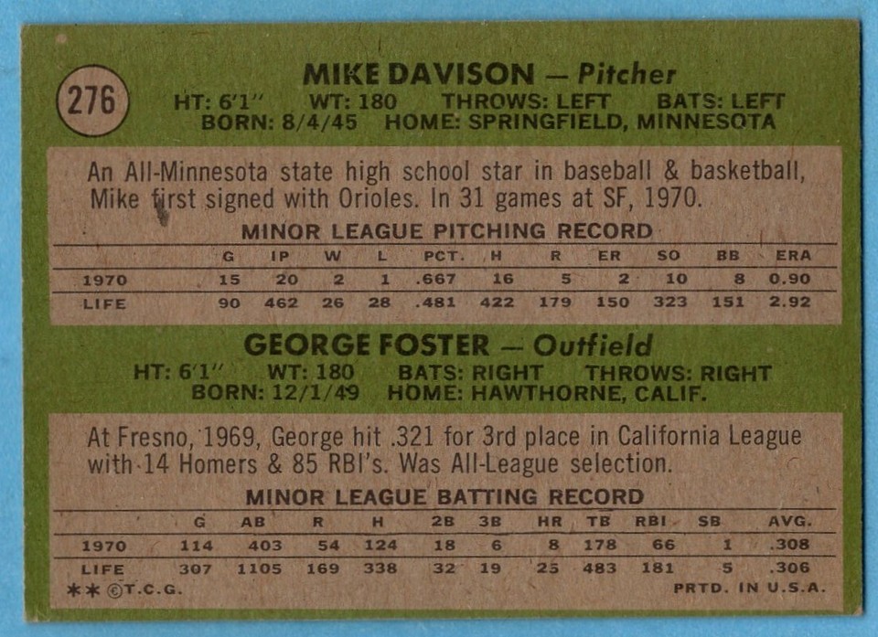 1971 Topps #276 Rookie Stars George Foster EX/EX+ RC SF Giants A8721 | eBay