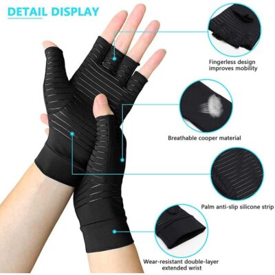 Copper Compression Gloves Anti Arthritis Fingerless Hand Support Pain ...