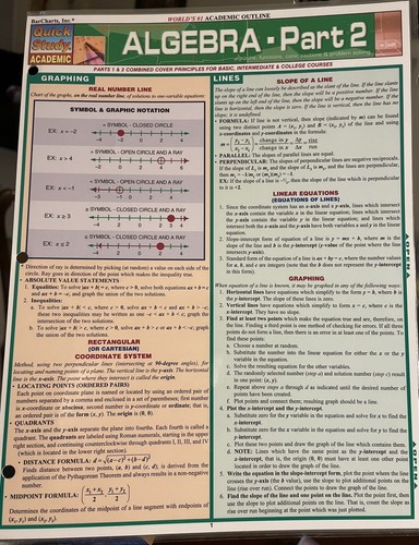 Quick Study Academic Chart Laminated: Algebra Part 2 | eBay