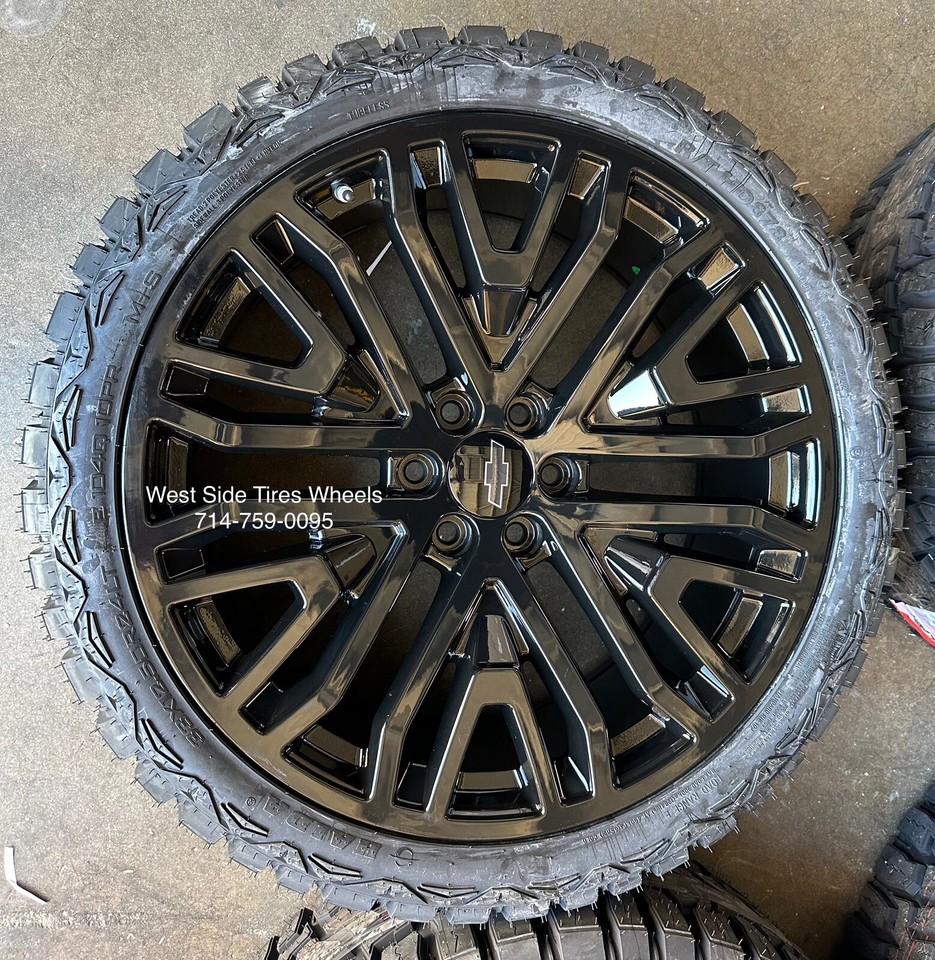 24'' inch GMC Sierra Wheels Yukon Gloss Black Wheels 33" MUD MT Tires ...