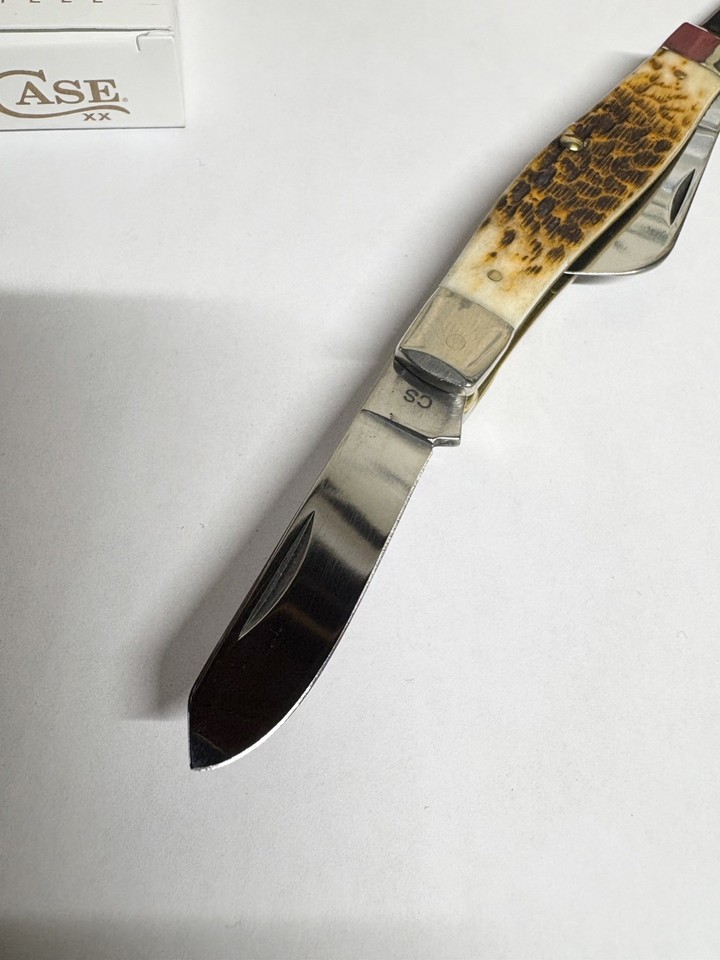 CASE XX USED LARGE STOCKMAN POCKET KNIFE JIGGED AMBER BONE CARBON STEEL ...
