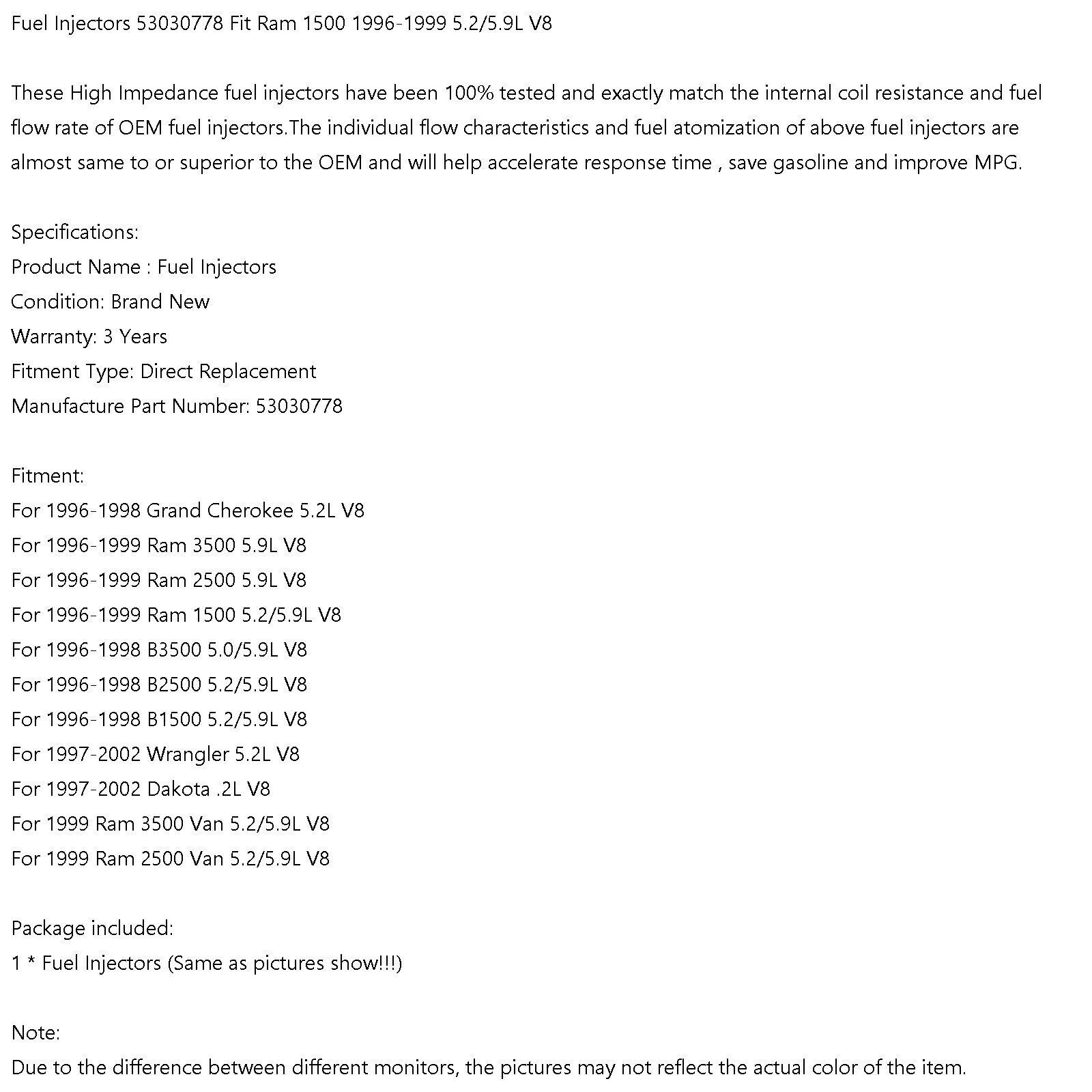 1PCS Fuel Injectors 53030778 Fit Ram 1500/2500/3500 1996-1999 5.2/5.9L ...