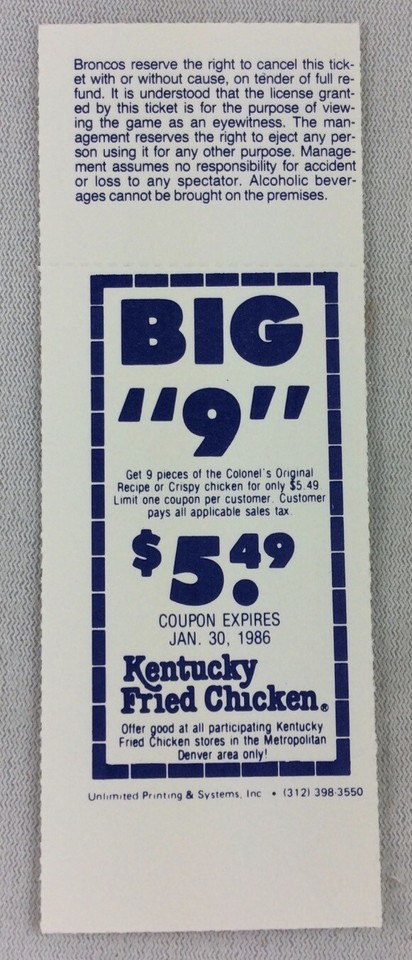 NFL 1985 12/14 Kansas City Chiefs at Denver Broncos FULL Ticket-Todd ...
