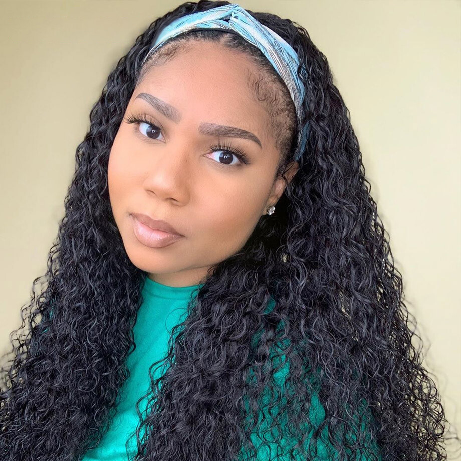 24 Inch Women Long Black Deep Wave Curly Wig Headband Wigs Synthetic ...
