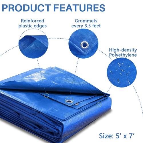 5' x 7' Tarp Cover 5 Mil Waterproof Poly Tarps General Multiple Purpose ...
