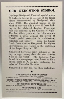 "Our Wedgwood Symbol" Vase, Wedgewood Inn, St. Petersburg, Florida FL ...