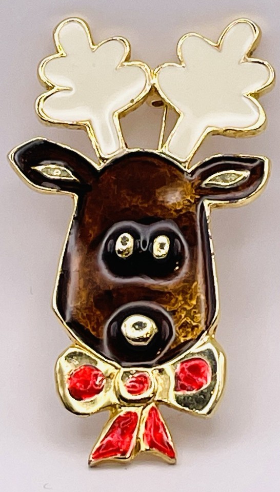 Pin Brooch Lapel Hat Enamel Reindeer Cute Face Red Bow Ribbon Christmas ...
