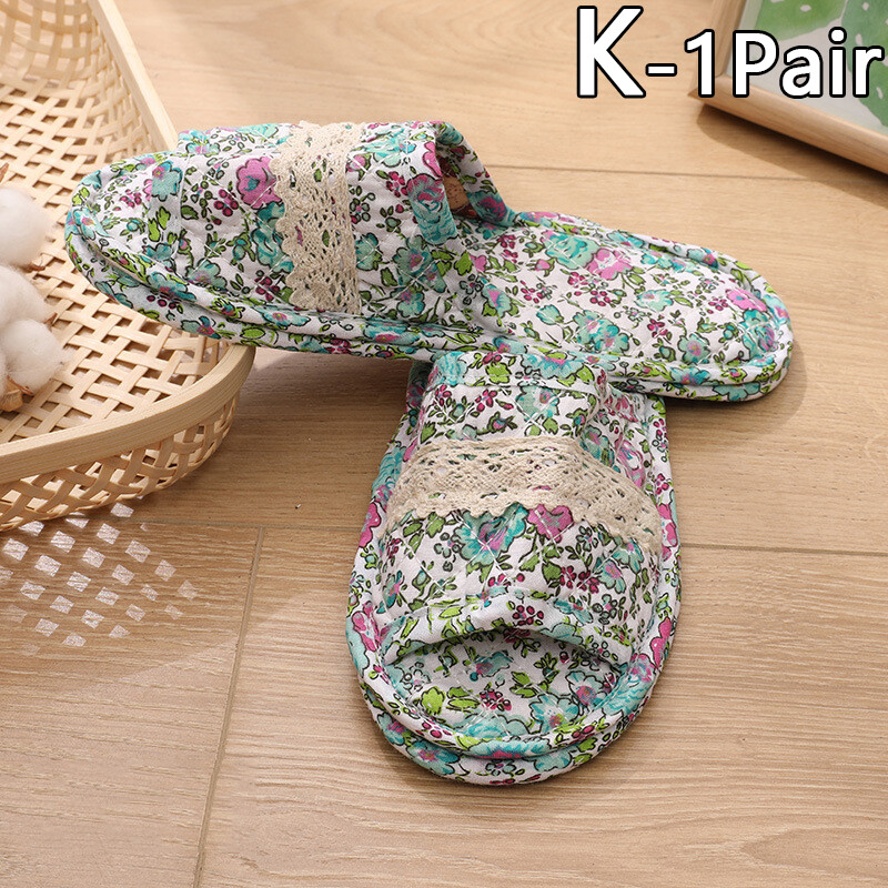 Women Cotton Floral Printed Slippers Indoor Floor Non-Slip Open Toe ...