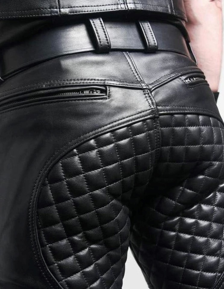 Men's Real Leather Bikers Pants Quilted Panels Front & Back Bikers ...