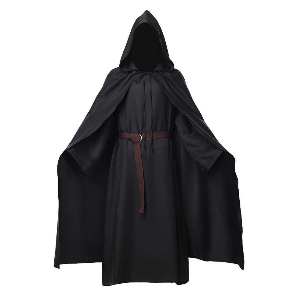 Medieval Men's Long Hooded Cloak Robe Halloween Wizard Sorcerer ...