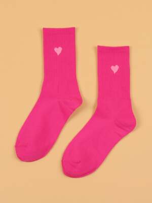 Heart Print Hot Pink Crew Socks for Women Plain Socks Cozy Socks ...