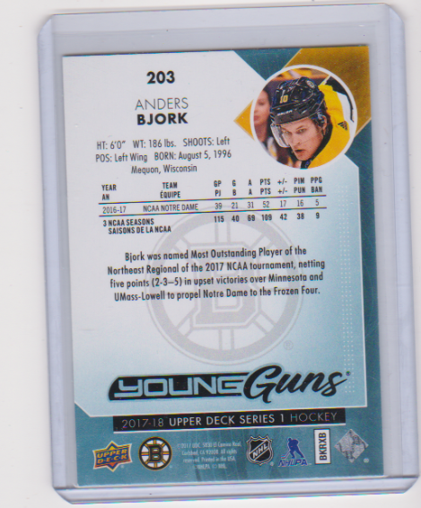 2017 2017-18 UPPER DECK ANDERS BJORK YOUNG GUNS 203 BOSTON BRUINS | eBay