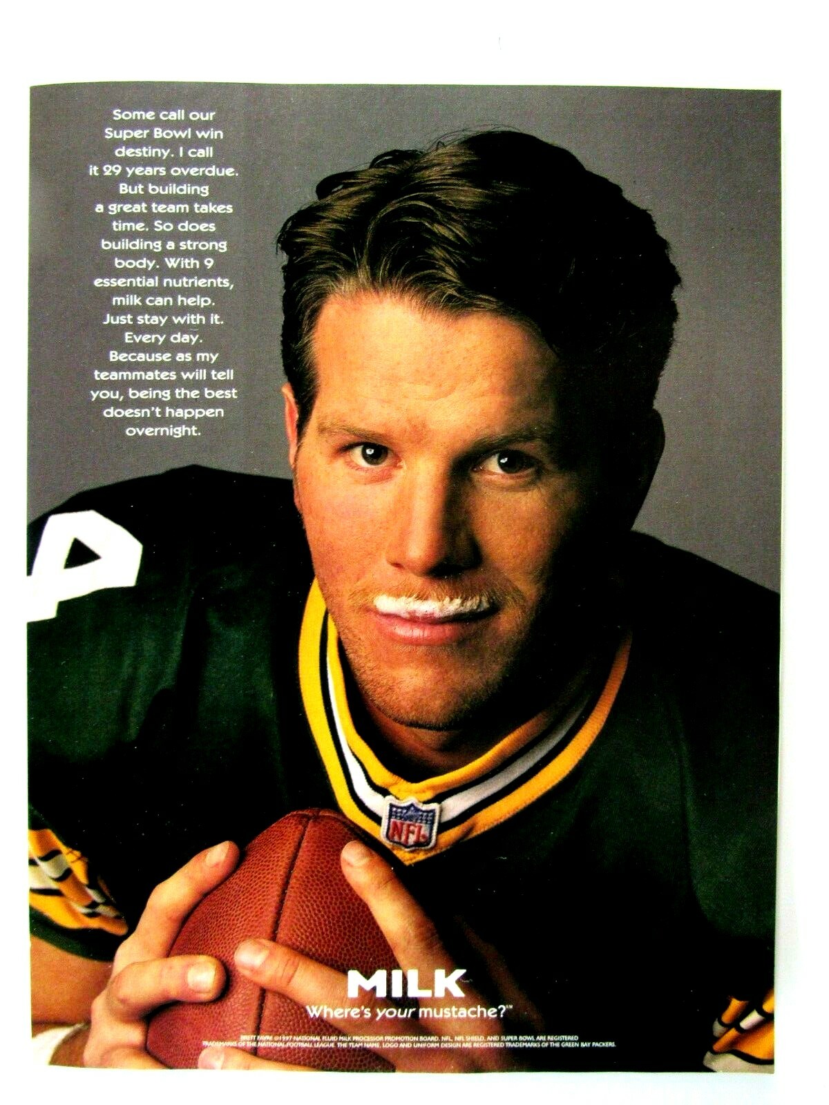 Brett Favre Green Bay Packers Milk Mustache Original 1997 Print Ad 8.5 ...