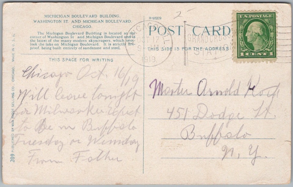 Michigan Boulevard Building Chicago Illinois 1919 Postcard N337 | eBay
