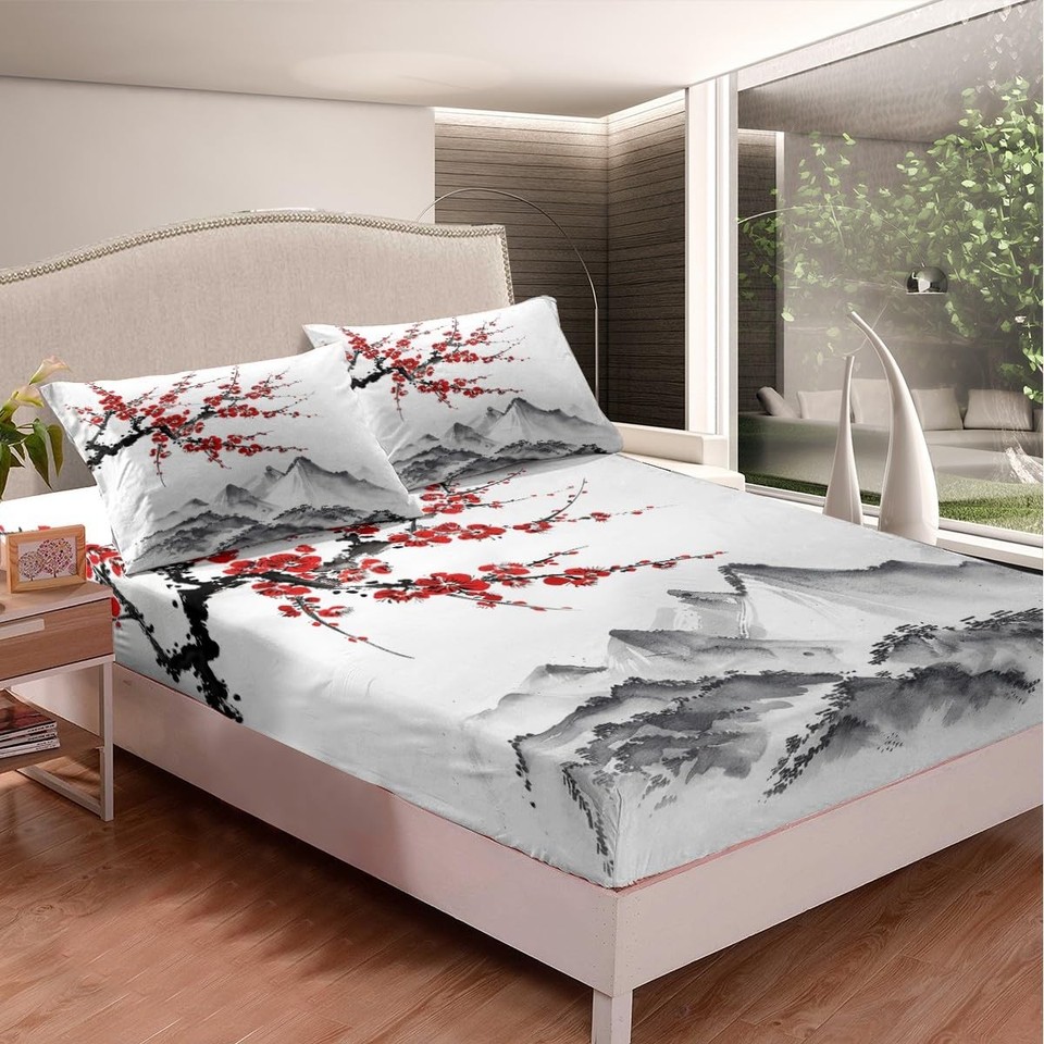 Japanese-Style Sheet Sets, Red Cherry Blossoms Printed Flat Sheet Mount ...