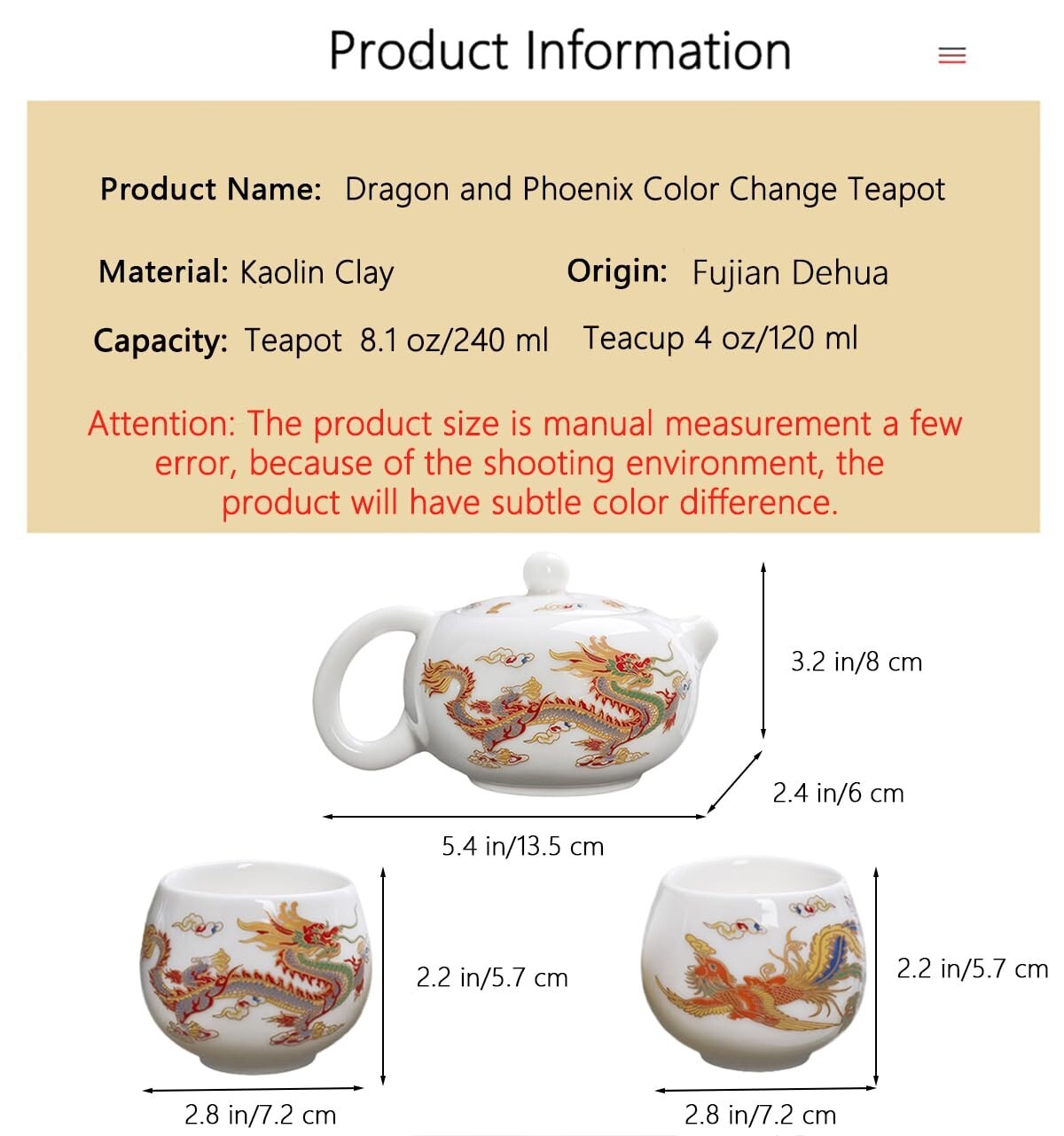 Dragon And Phoenix Color-changing White Porcelain Teapot 2 Cups Chinese ...