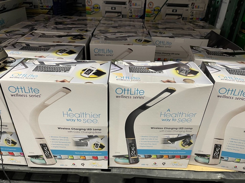 OttLite LED Desk Lamp Night Light w/ Clock & Wireless Charging Station ...