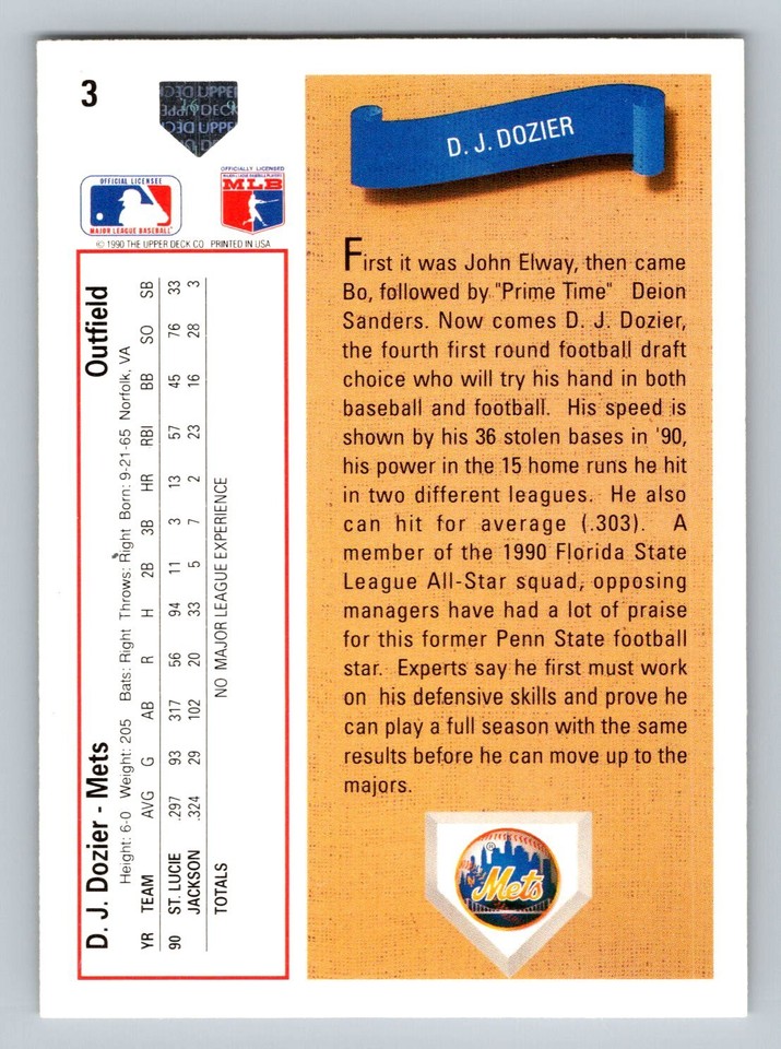 D.J. Dozier New York Mets 1991 Upper Deck #3 Card | eBay