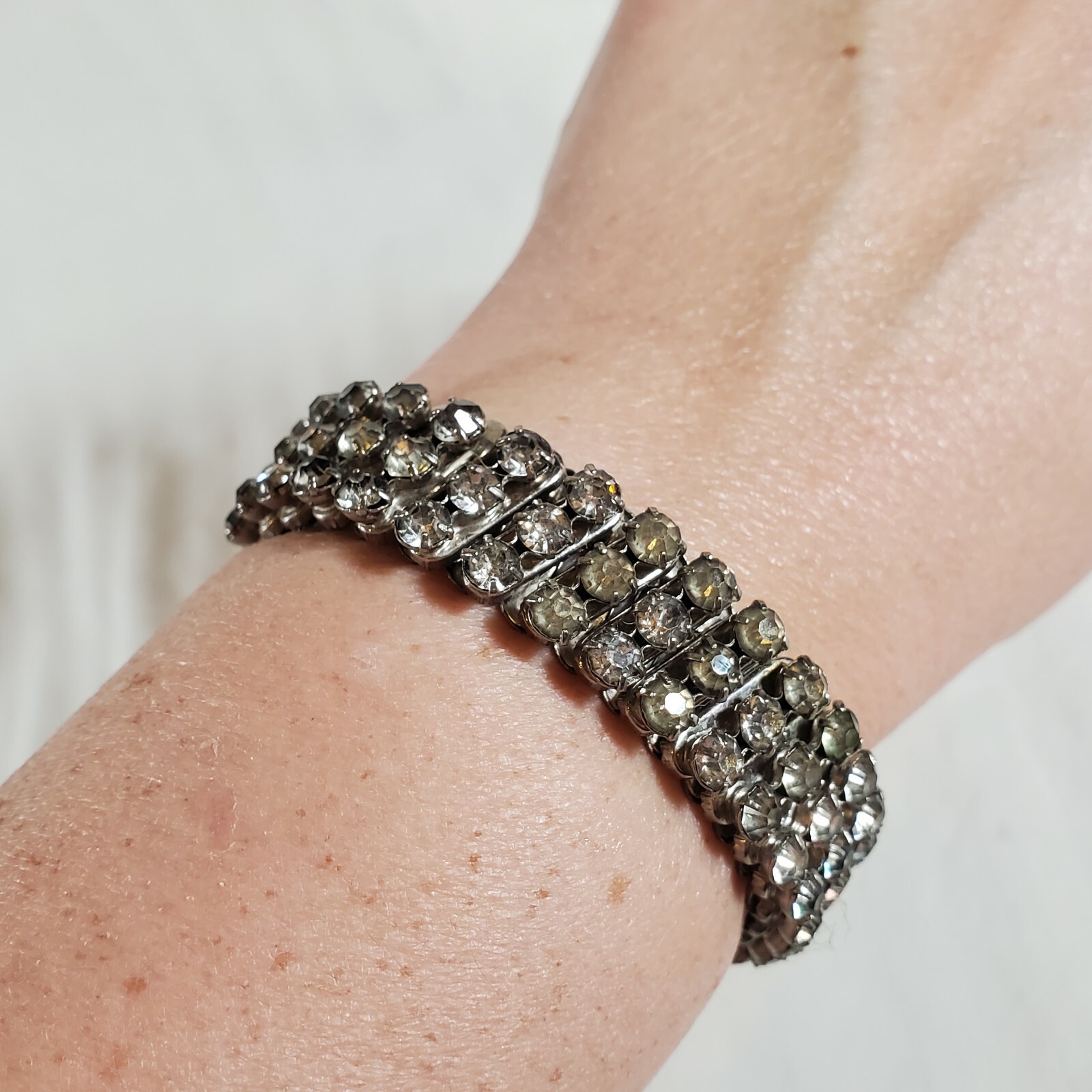 Vintage Three Row Rhinestone Expansion Bracelet Clear… - Gem