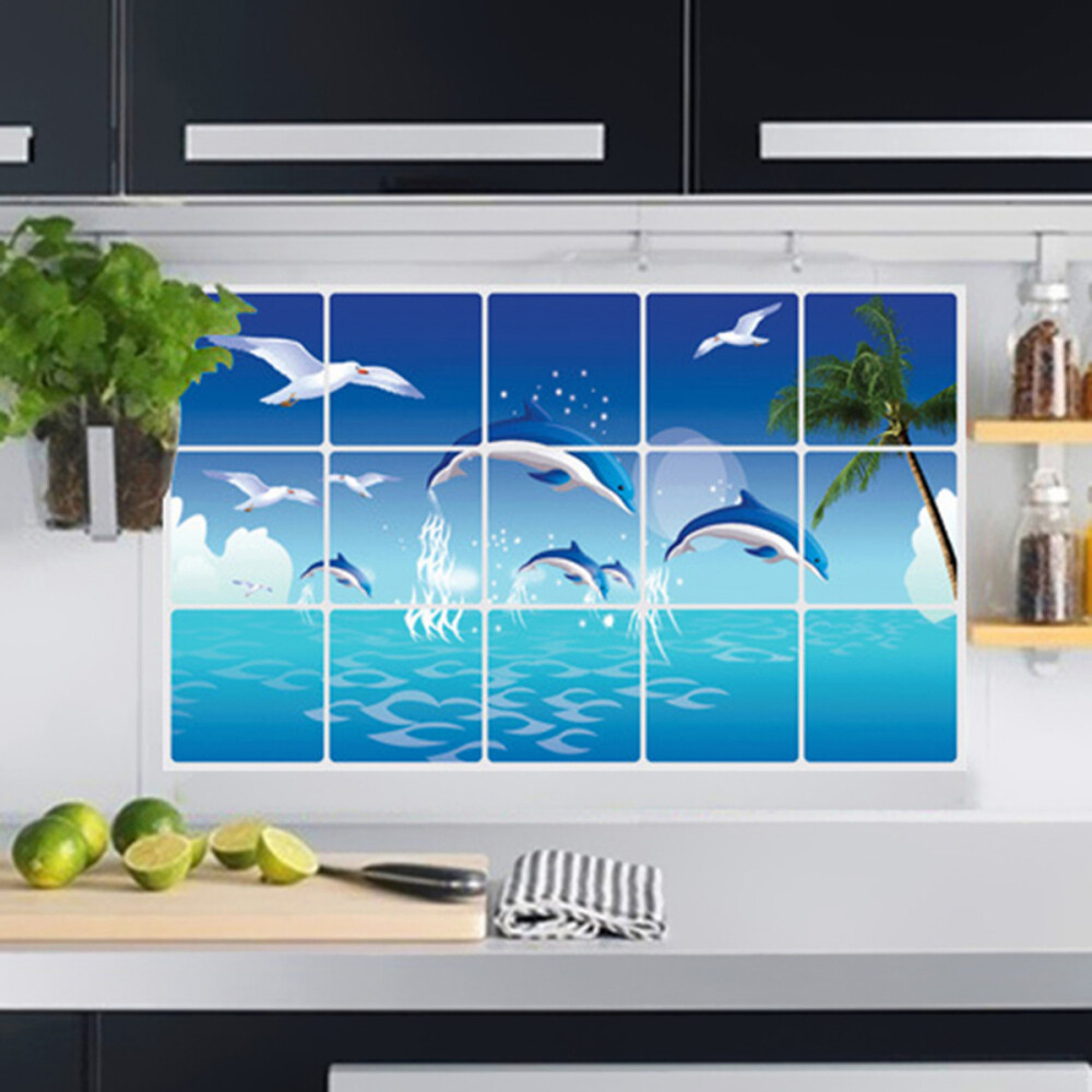 Ocean Dolphin Kitchen Stickers Anti-oil Paste Waterproof Removable Wall ...