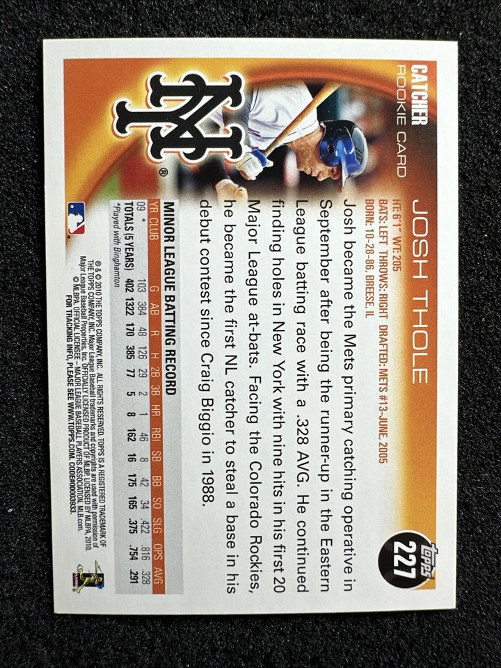 JOSH THOLE #227 2010 Topps Baseball RC Rookie Card QTY New York Mets | eBay