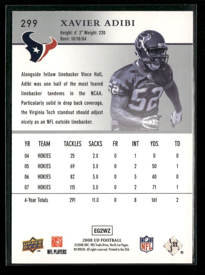 Xavier Adibi 2008 Upper Deck #299 Rookie | eBay