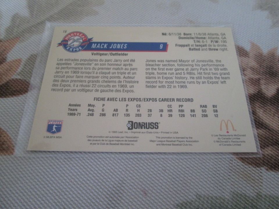 1993 Donruss McDonalds Montreal Expos MACK JONES N0 15 25 TH ...