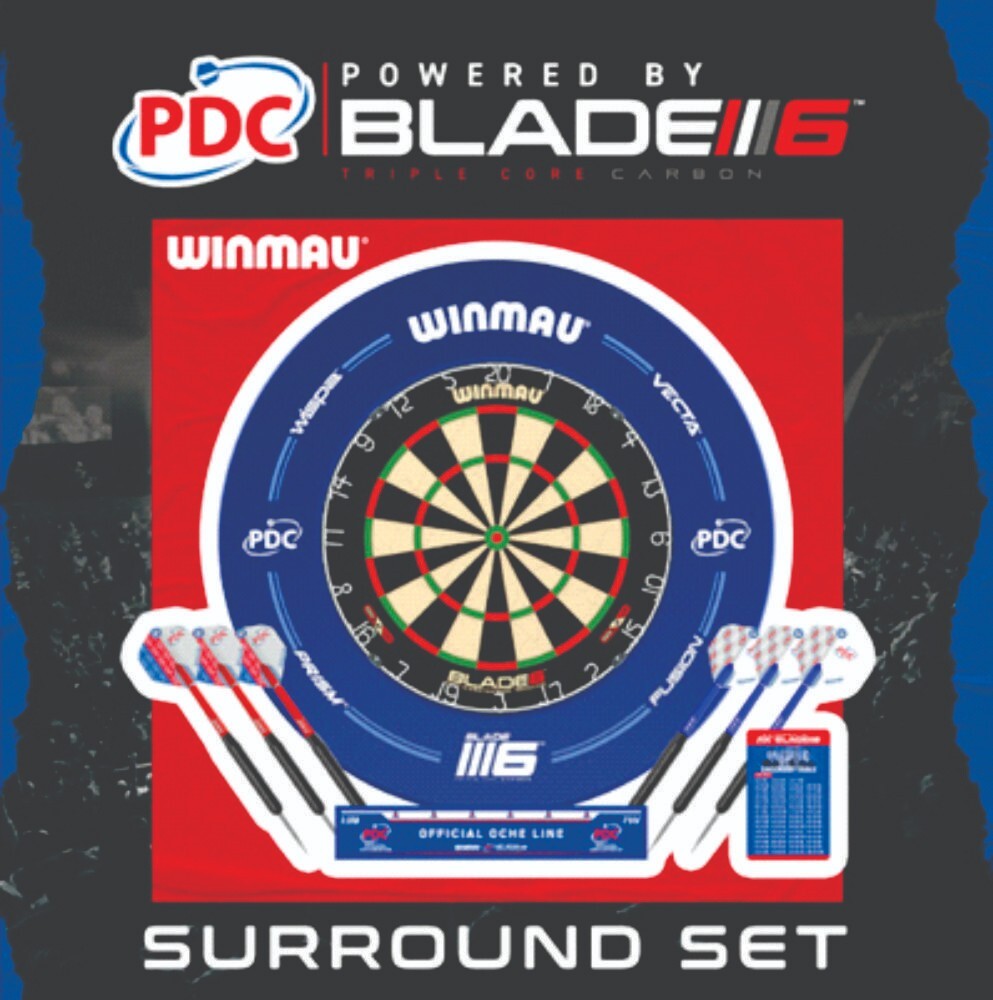 Winmau Blade 6 Dartboard + Blue Surround + Dart Kits + Oche Line + Card ...