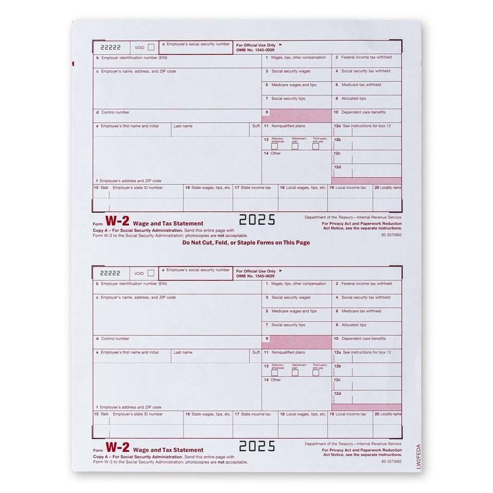 2025 Adams 22990 W2 Forms 4-Part with W3 Transmittal, For 50 Employees ...