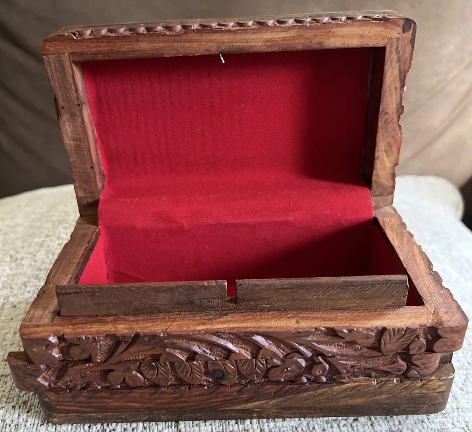 Carved Wood Box Secret Hidden Compartment Puzzle Unique Gift Jewelry ...