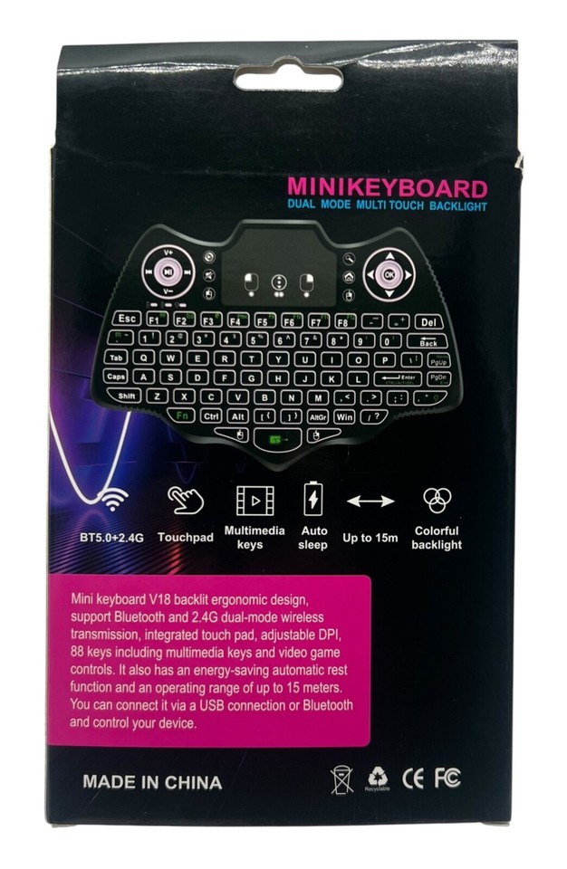 NEW V18 Mini Wireless Keyboard Backlit Multilingual 2.4G+BT4.2 AirMouse ...