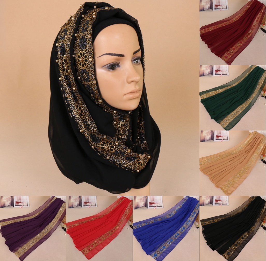 Fashion Flower Lace Bead Muslim Long Scarf Hijab Islamic Shawls Arab ...