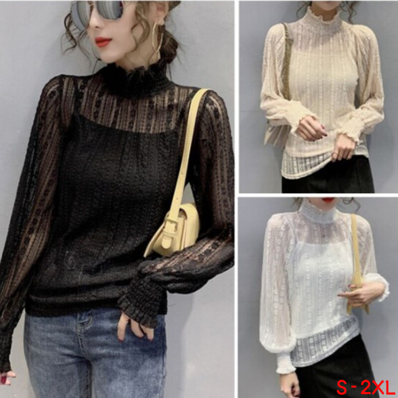 Ladies Floral Embroidered Lace Top Mesh Hollow Sheer Shirt High Neck ...