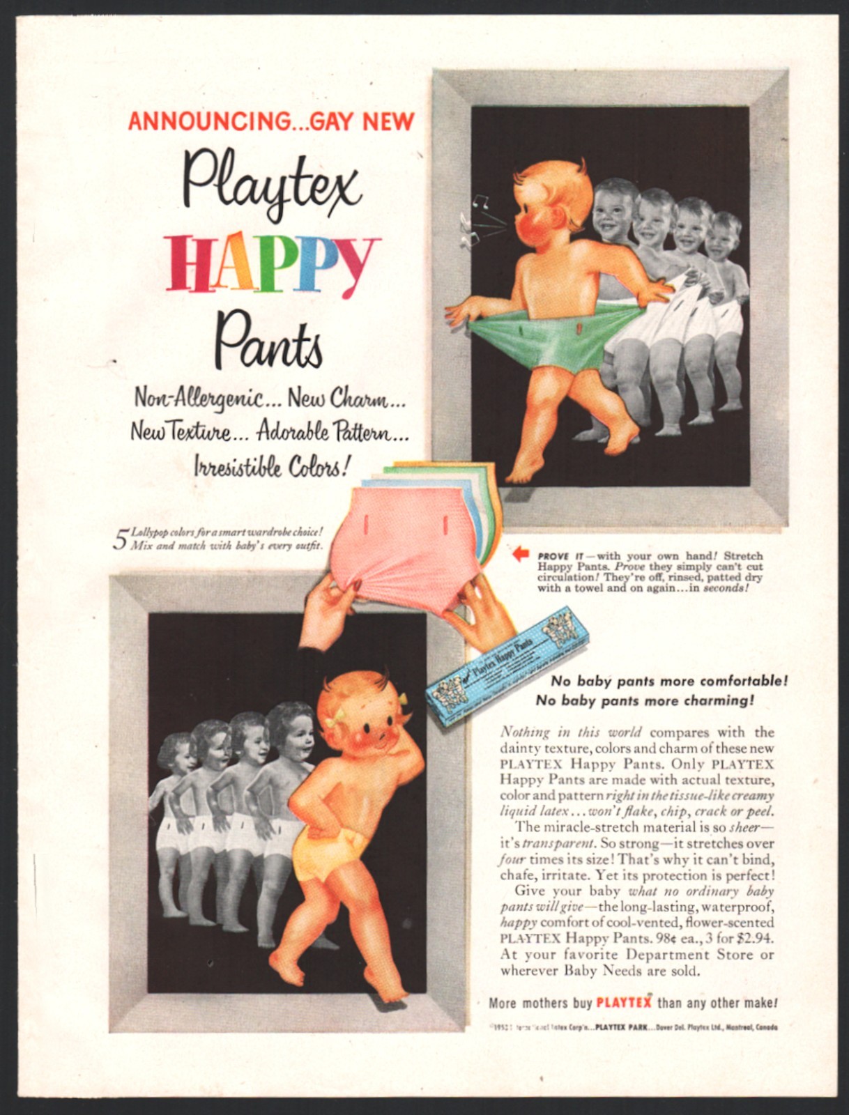 1953 PLAYTEX Happy Pants Plastic baby pants for over Diapers PRINT AD ...