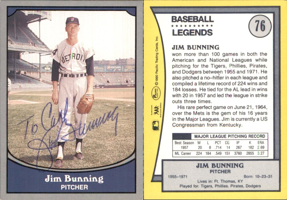 Jim Bunning Signed 1990 Pacific Legends #76 Card Detroit Tigers Auto AU ...
