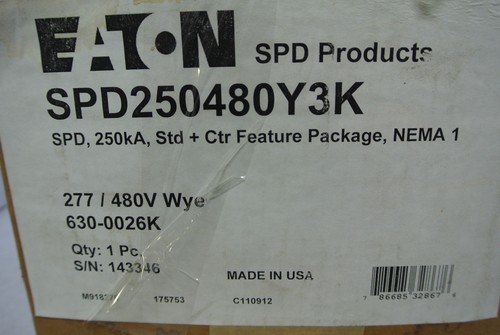 EATON SPD PRODUCTS SPD250480Y3K SURGE PROTECTIVE DEVICE - 277/480V WYE ...