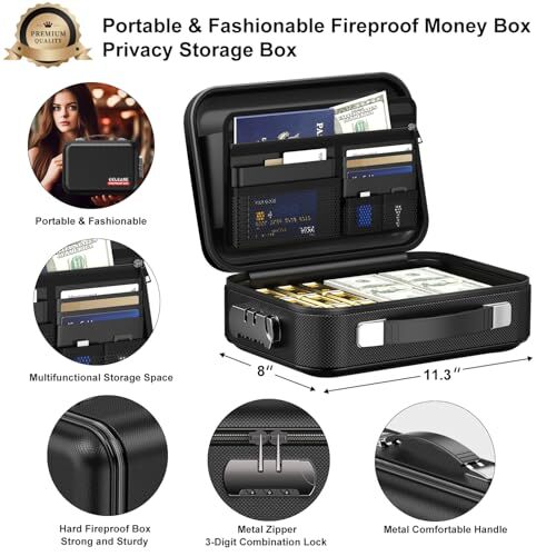 Fireproof Money Box with Lock, Hard Case Fireproof Box Hard-Shell ...