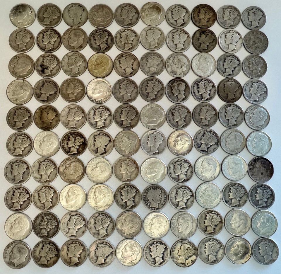 Junk 90% Silver Coin Lot - $10 Face Value - Mixed Dimes Lot - 100 Coins ...