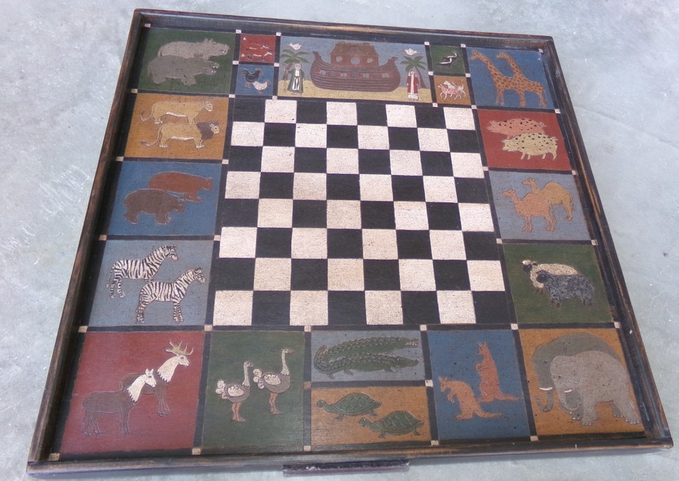 Vintage Painted Wood Noah's Ark Animal Checker Board and Pieces 21 ...